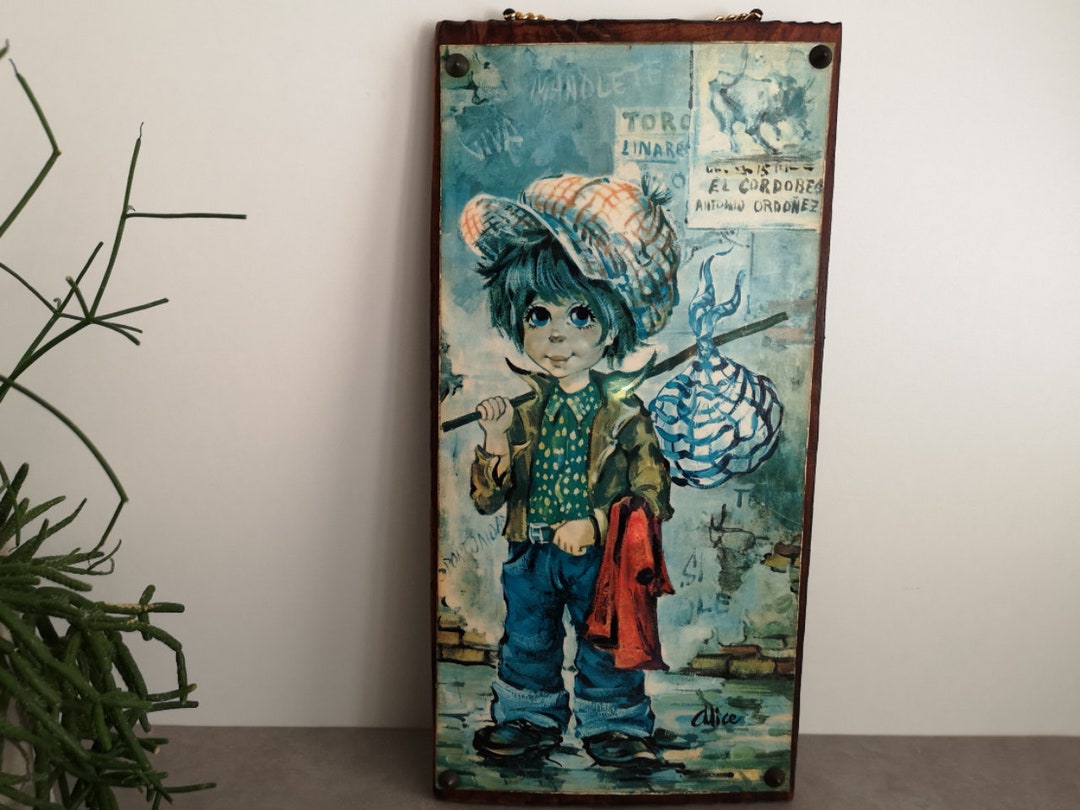 Vintage Big Eyed Boy, Retro Print on Wood, Wall Decoration, Boy With ...