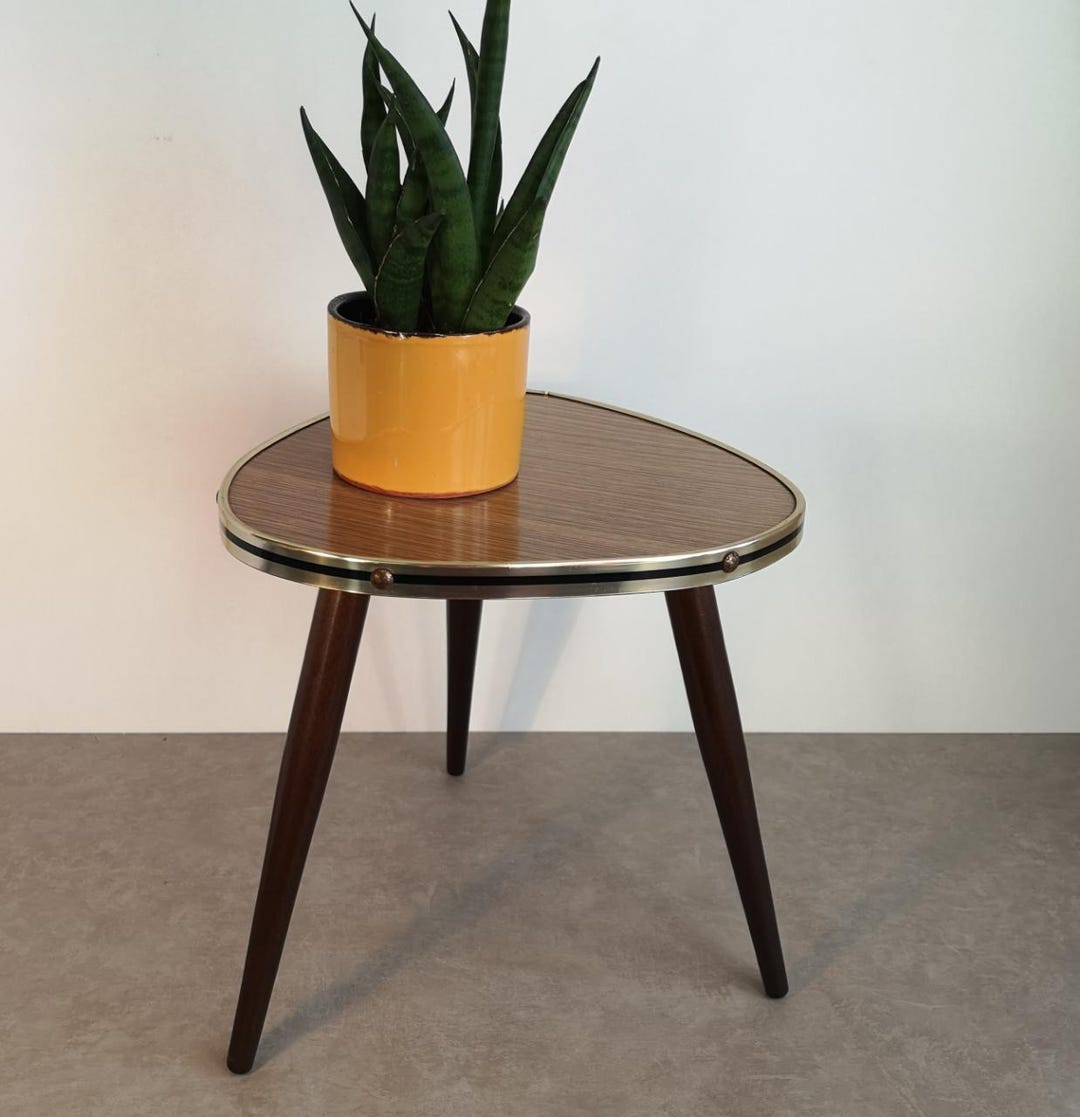 Mcm FORMICA Small Plant Table With Brown Table Top, Gold and Black Rim ...