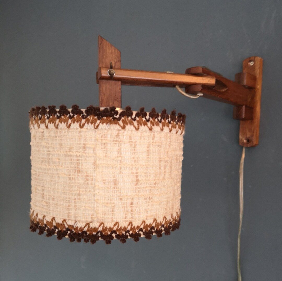 Mid-century Swing Arm Lamp, Wall Lamp, Oak Wood With Beige Rotatable ...