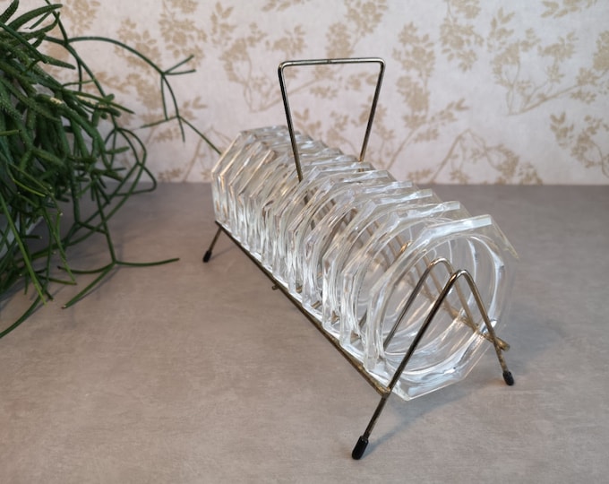 Vintage Coaster Holder Including 12 Cut Glass Coasters, Brass Wire ...