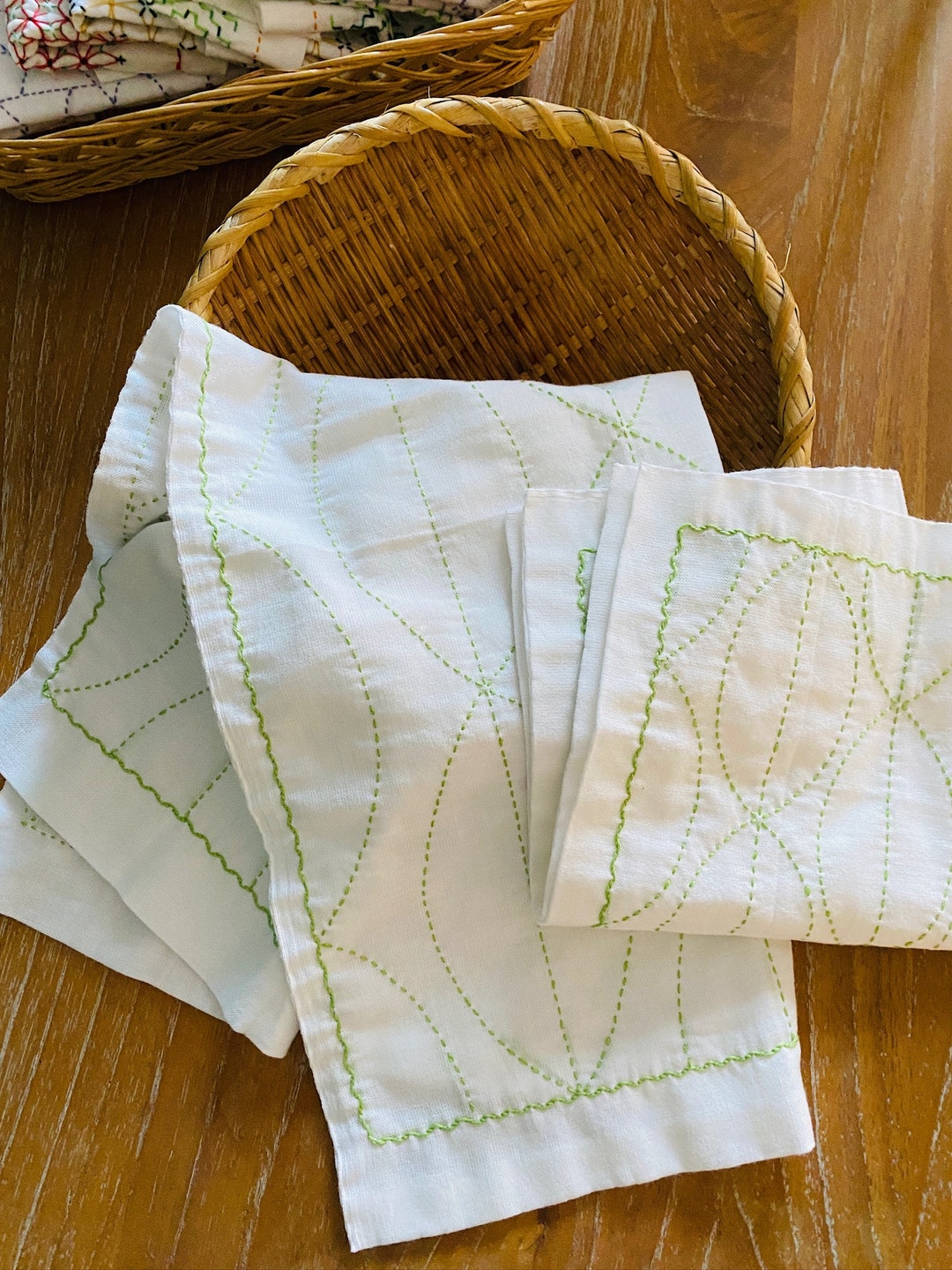 Sashiko Japanese Embroidery Towel *hana-fukin* Set of 2 - Light Green ...