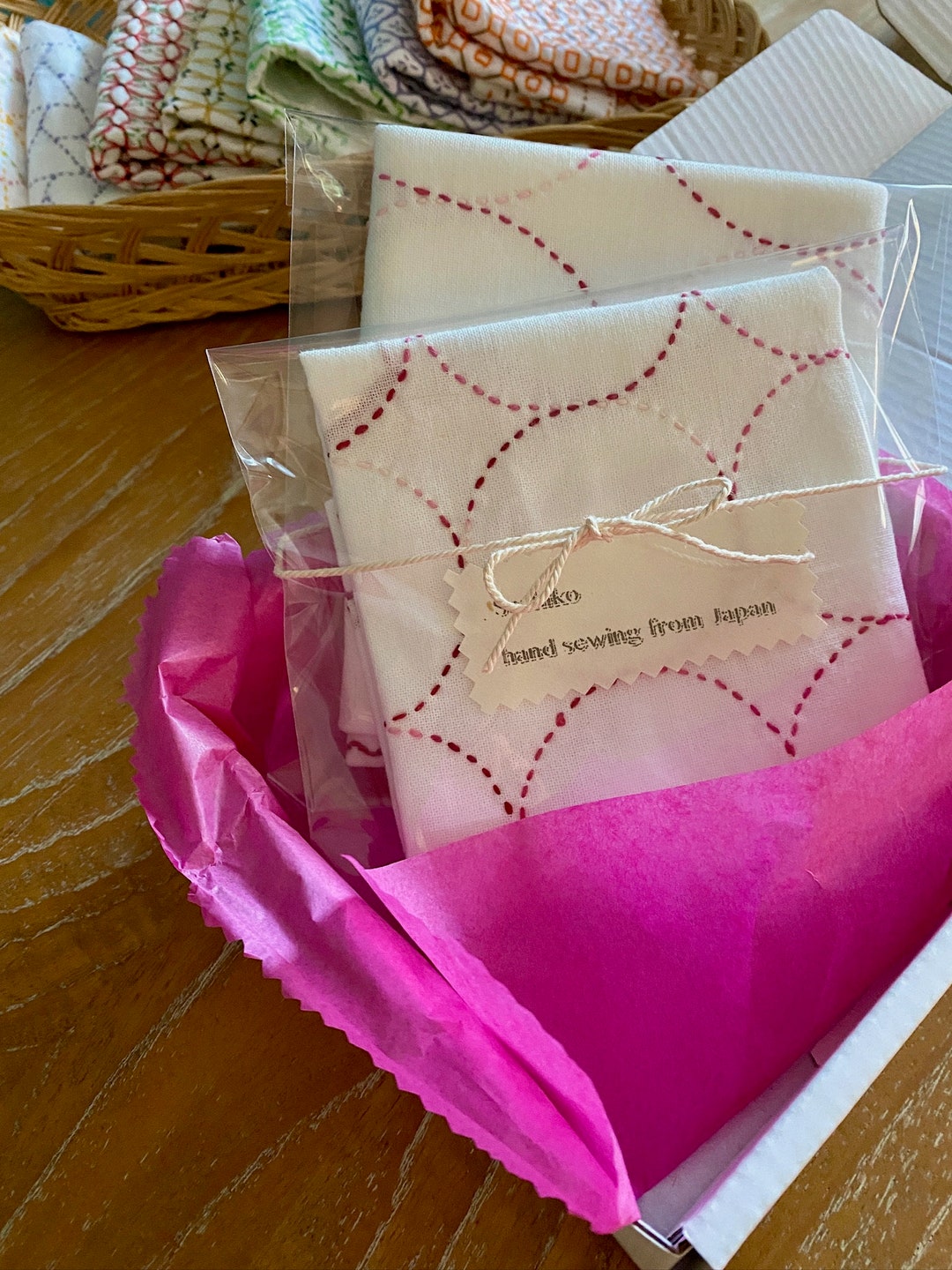 Sashiko Japanese Embroidery Towel *hana-fukin* Set of 2 Linked Circle ...