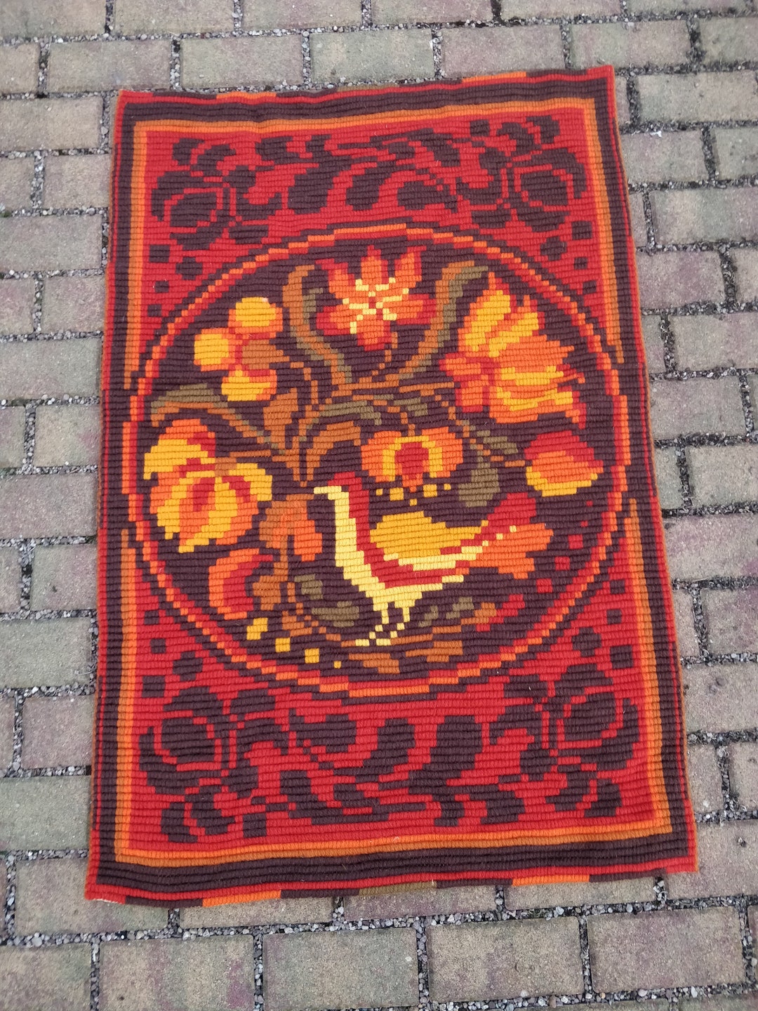 Colorfull 60s Rug, Wall Carpet, Scandinavian Style , Orange With Bird ...