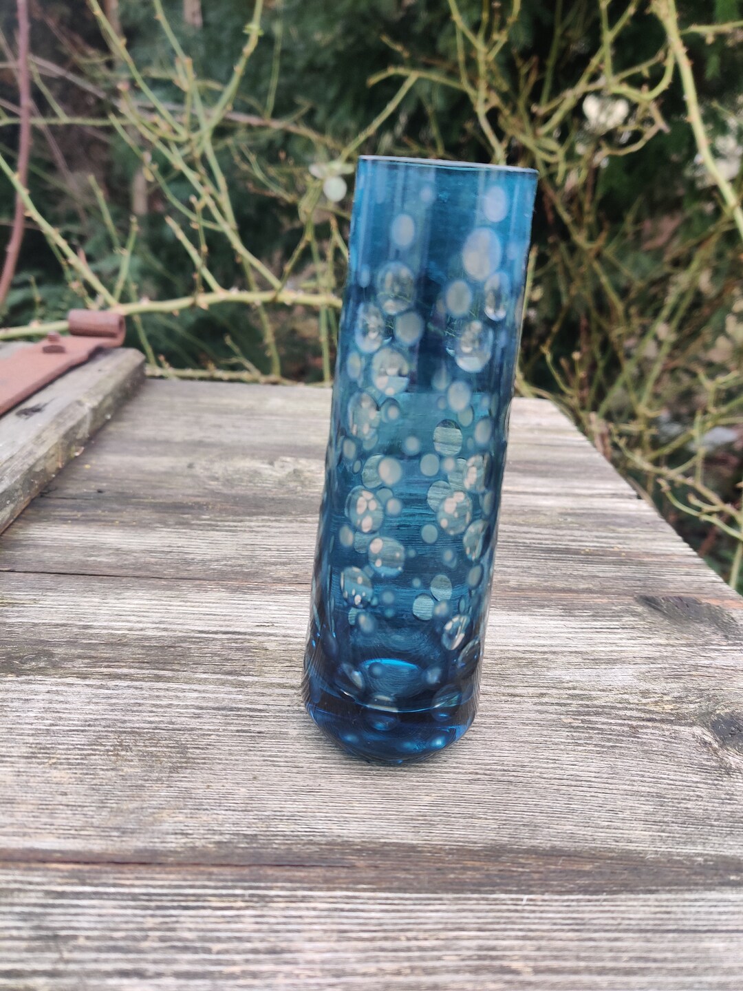 Small Mid Century Bulls Eye Vase, Petrol Colored Crystal Vase ...