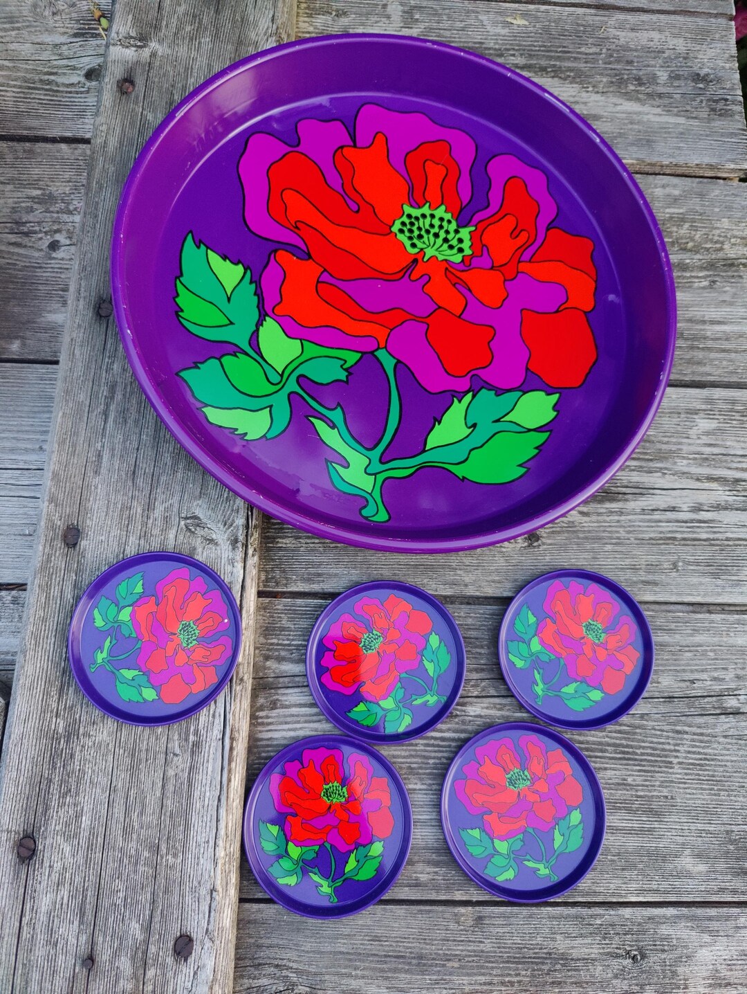 70s Psychedelic Tin Tray and 5 Coaster, Metal Serving Tray, Mid Century ...