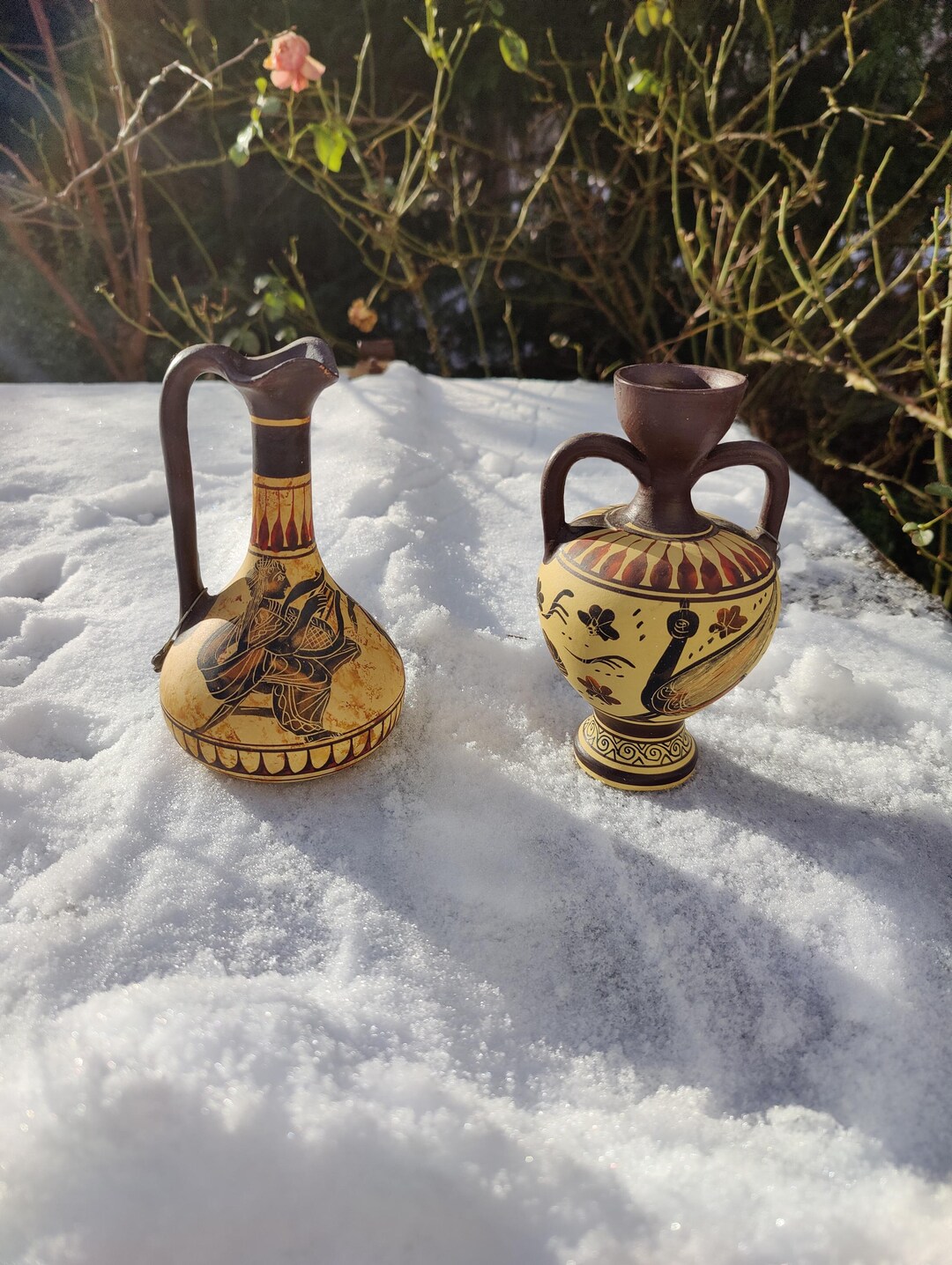 2 Vintage Greek, Corinthian Reproduction Vases, Amphoras, Vessels With ...