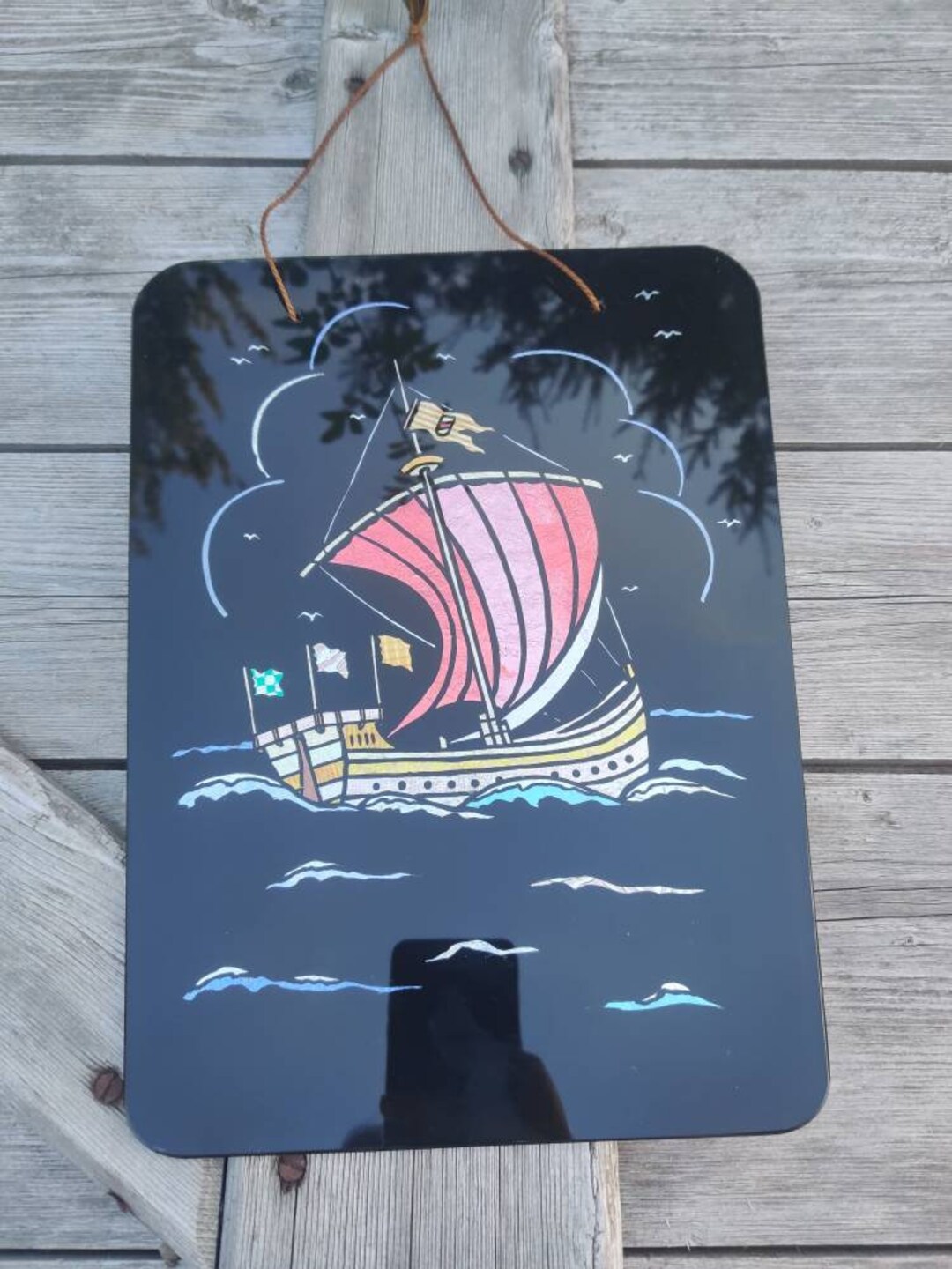 50s 60s Glass Ship Painting, Reverse Side Painted Glass Ship, Medival ...