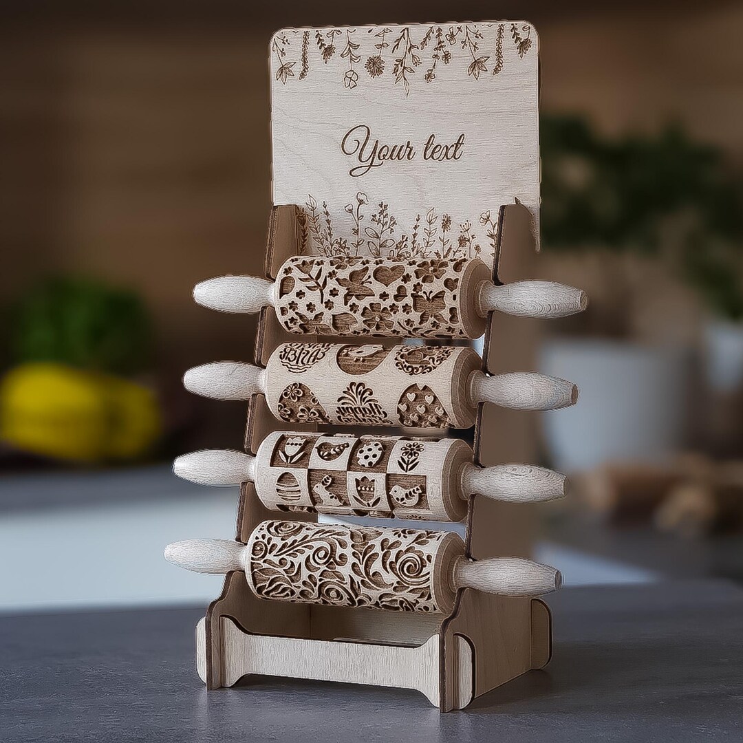 4 Embossed Rolling Pins Display Rack, Rolling Pin Holder, Wooden Shelf ...