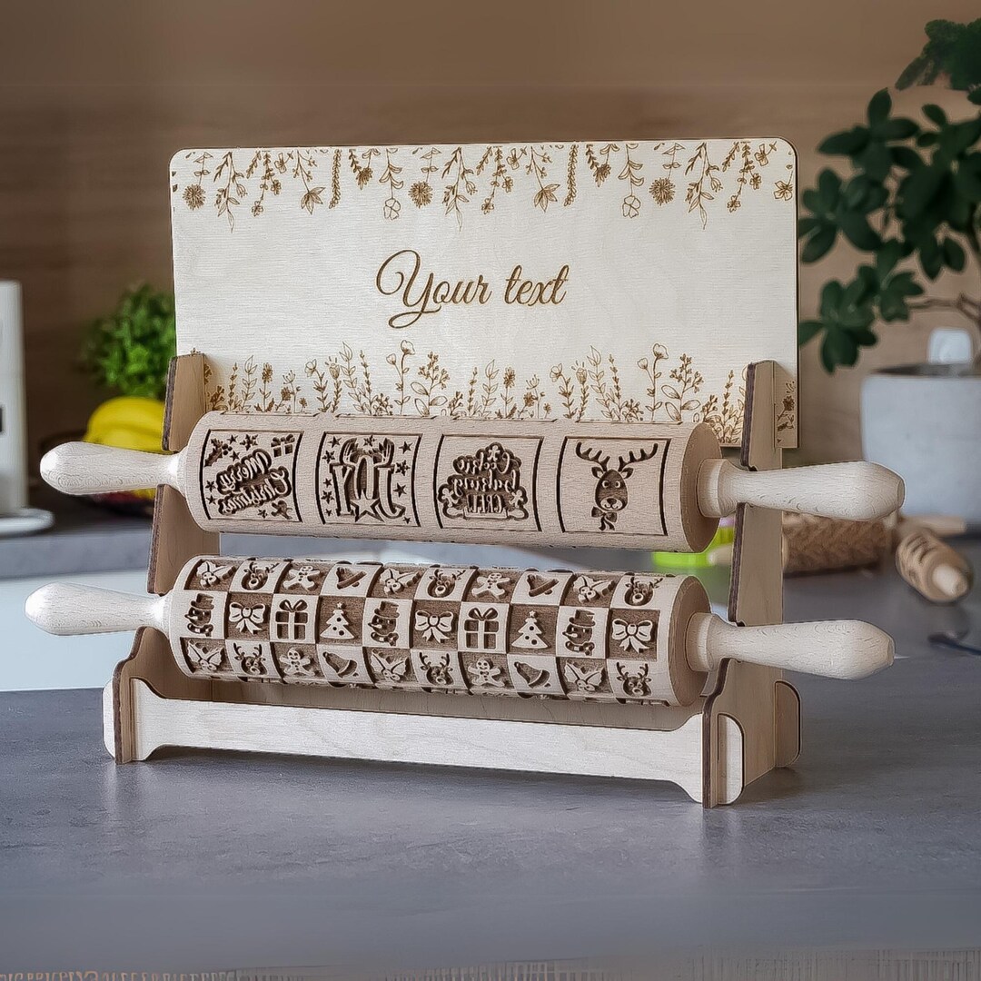 4 Embossed Rolling Pins Display Rack, Rolling Pin Holder, Wooden Shelf ...