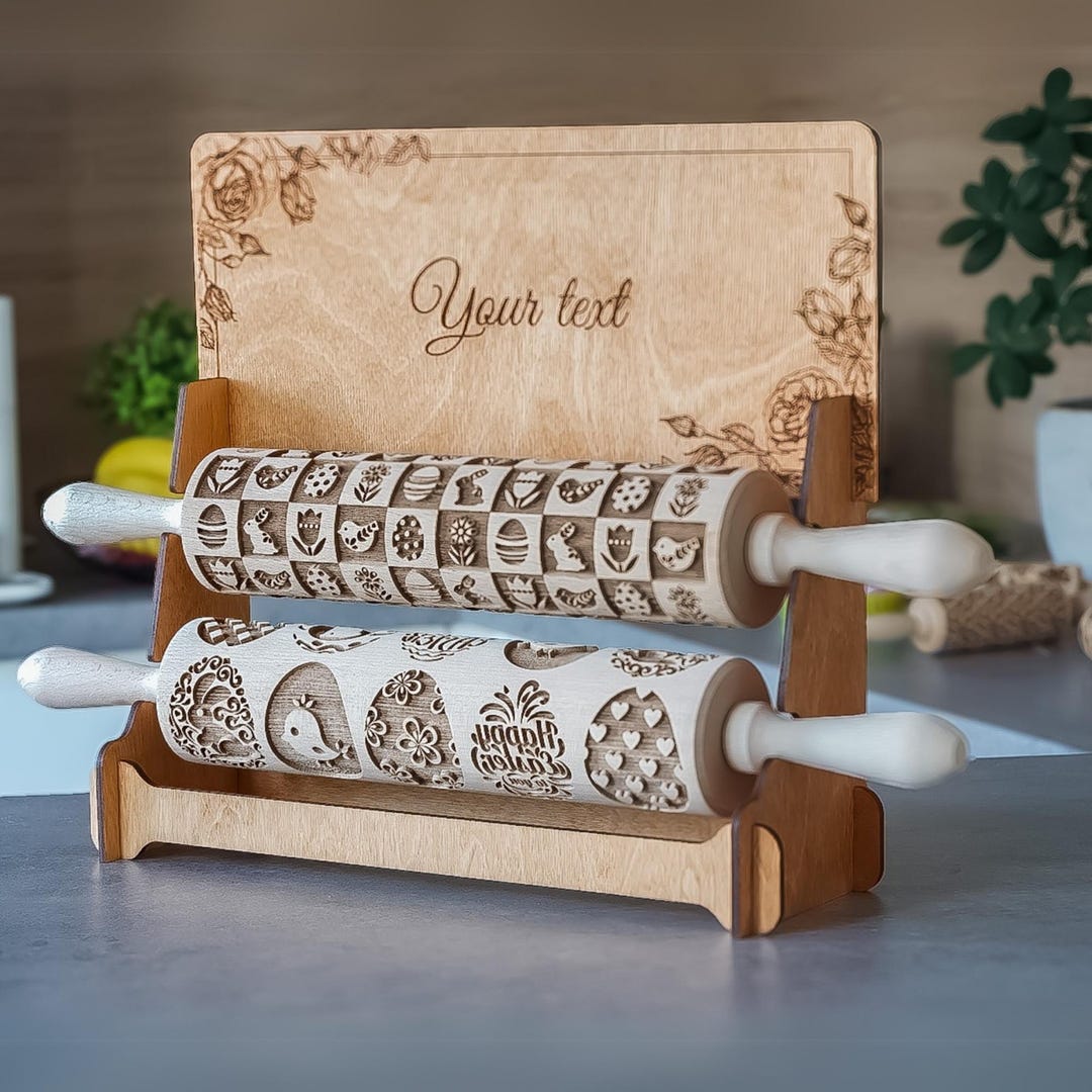 4 Embossed Rolling Pins Display Rack, Rolling Pin Holder, Wooden Shelf ...