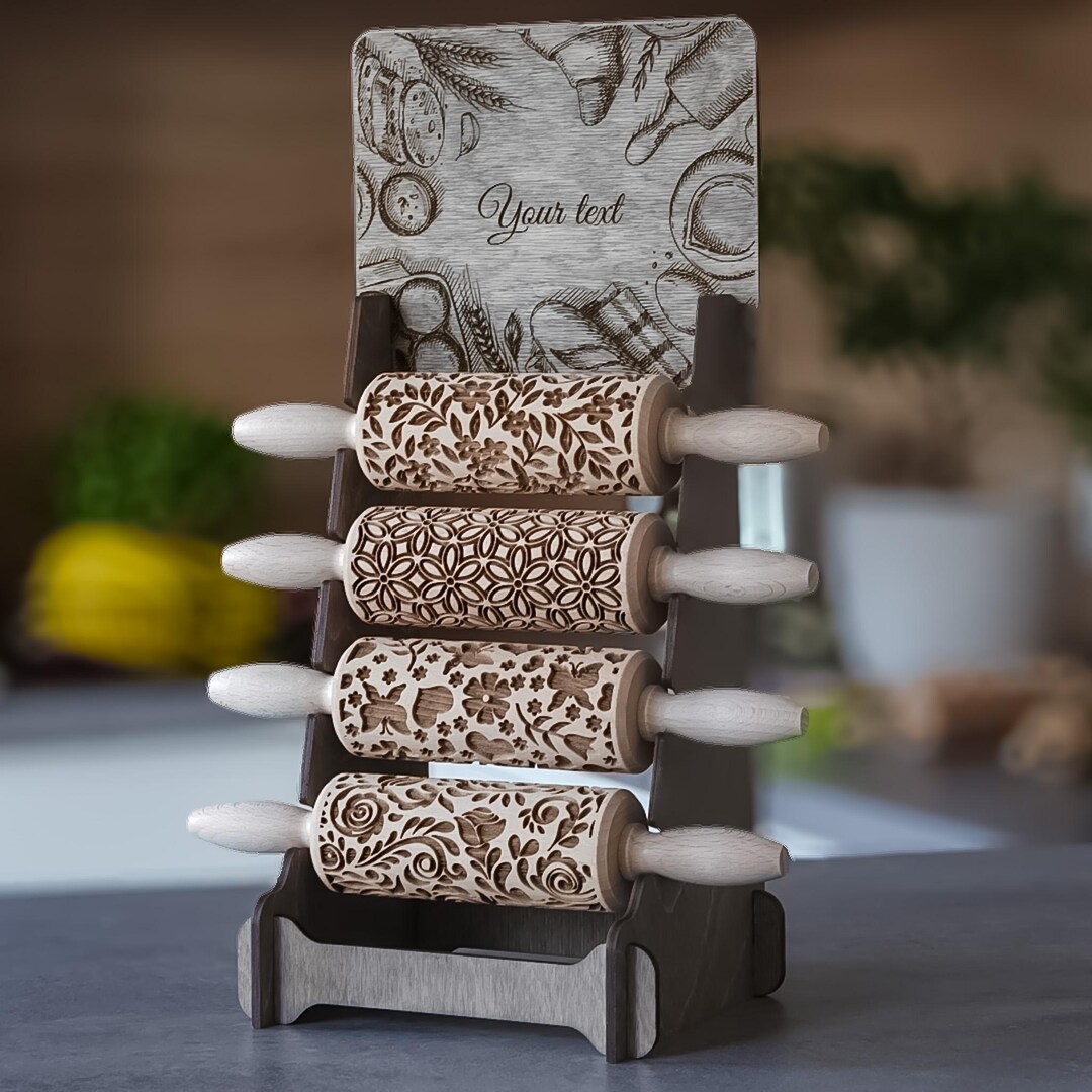 4 Embossed Rolling Pins Display Rack, Rolling Pin Holder, Wooden Shelf ...
