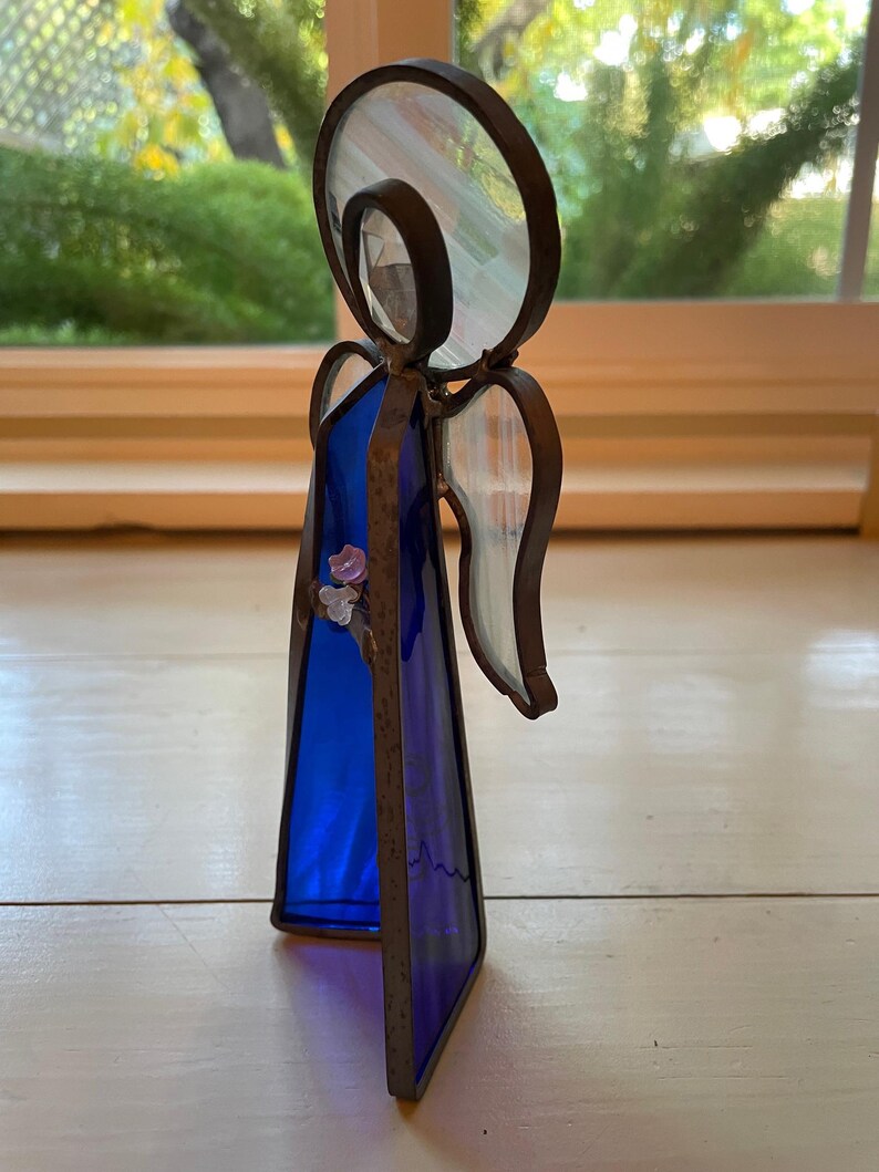 VTG 8" Leaded Stained Glass Standing Christmas Angel Facet Head Star ...