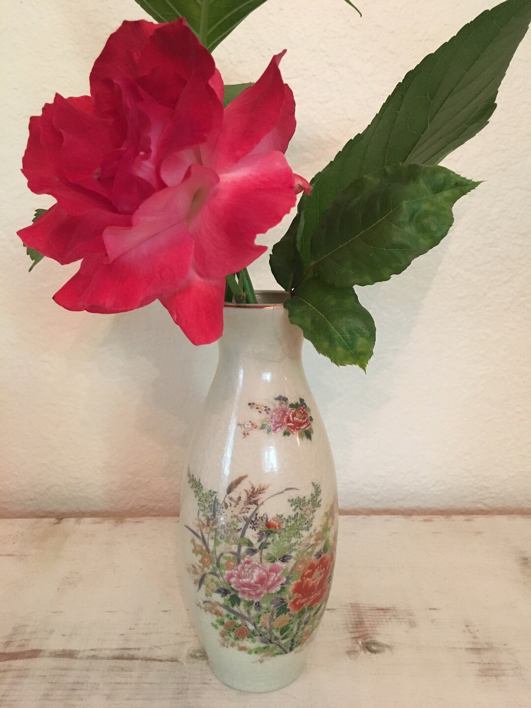 Floral Vase Made in Japan, Asian Décor, Crackle Glaze, Orange & Pink ...