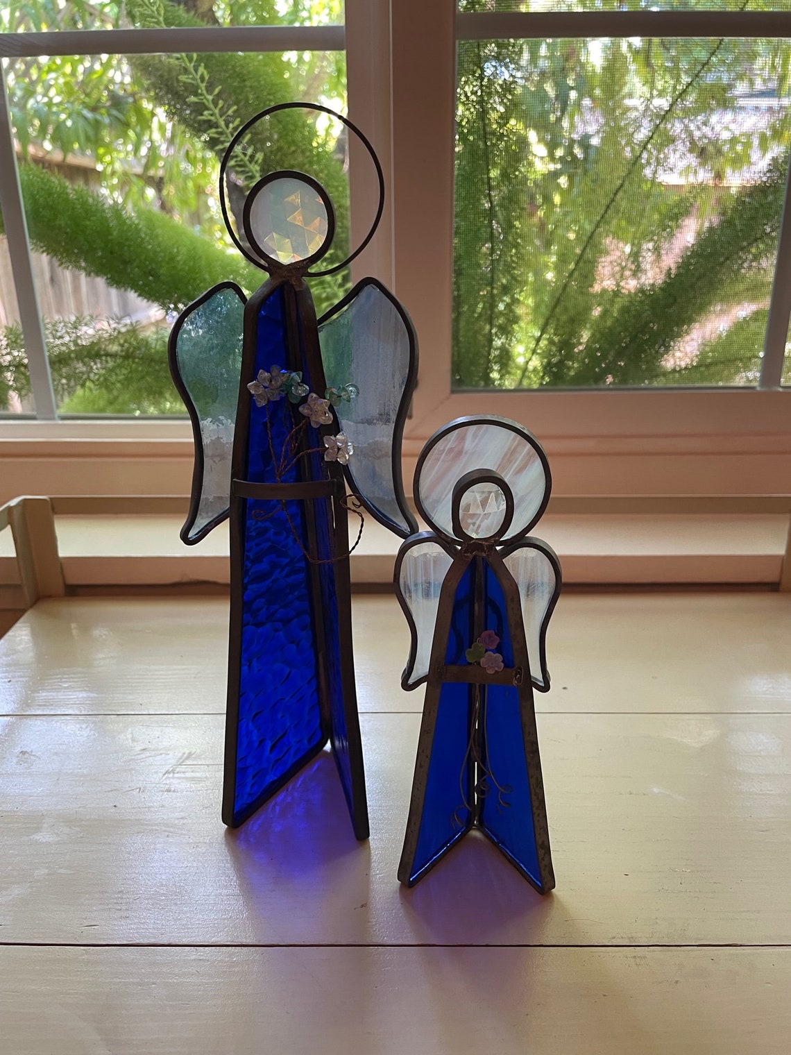 VTG 8 Leaded Stained Glass Standing Christmas Angel Facet Head Star ...