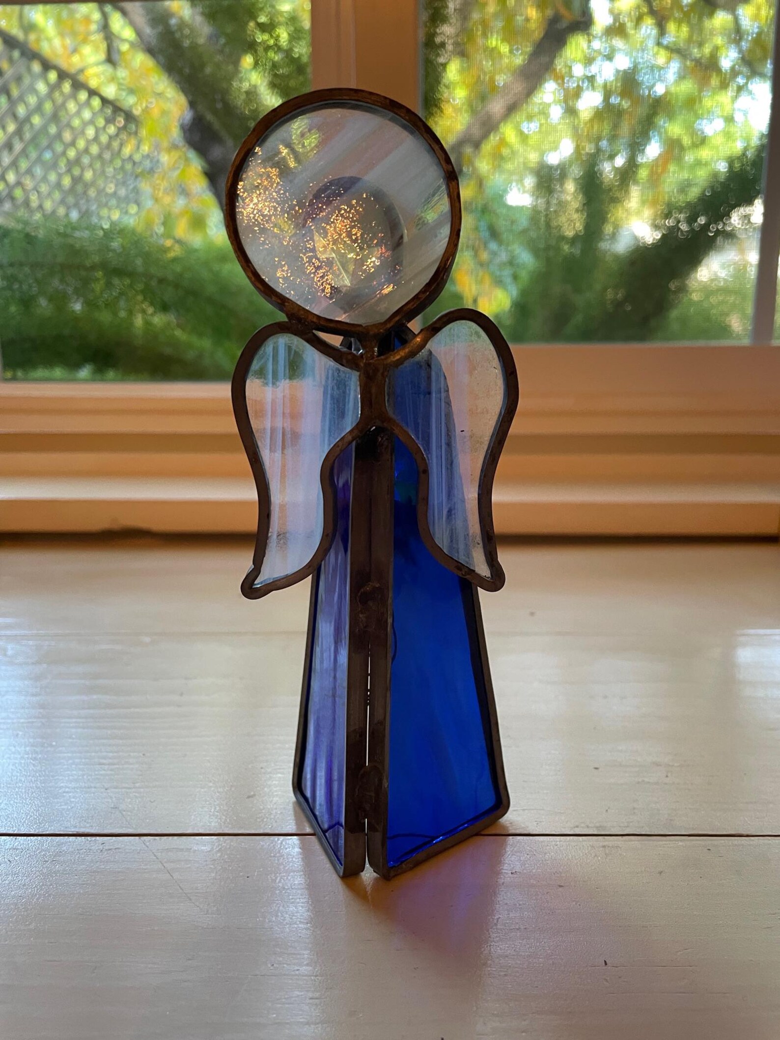 VTG 8" Leaded Stained Glass Standing Christmas Angel Facet Head Star ...