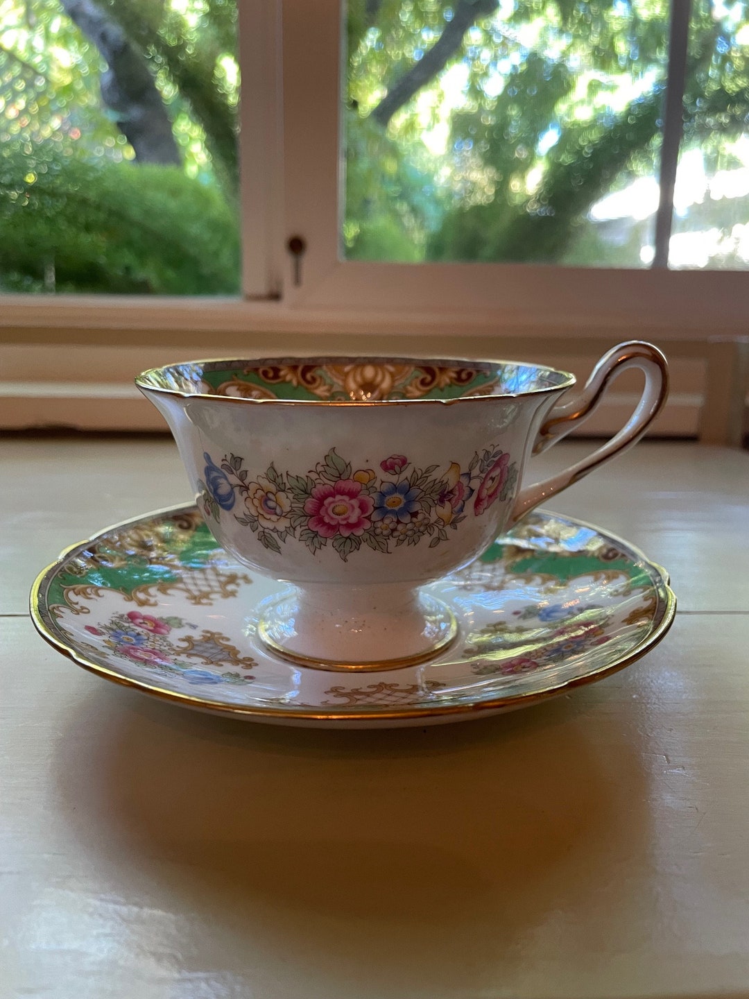 Vintage Shelly Fine Bone China Footed Cup & Saucer Set Sheraton Green ...