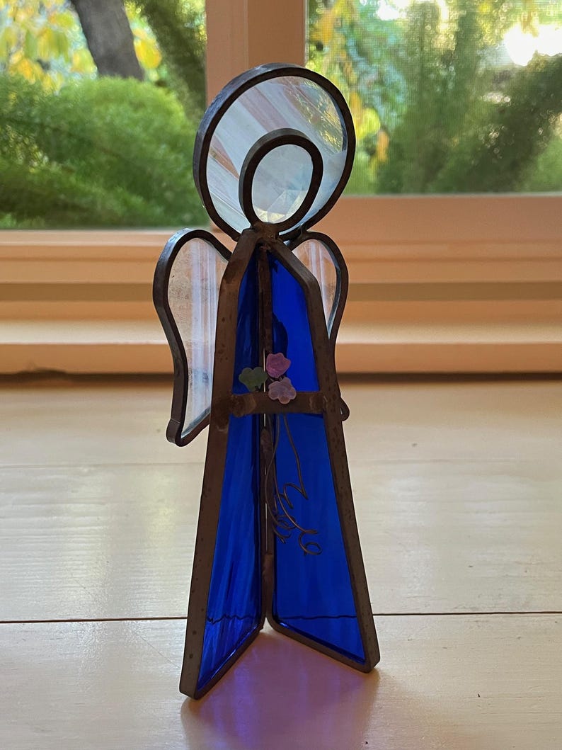 VTG 8" Leaded Stained Glass Standing Christmas Angel Facet Head Star ...