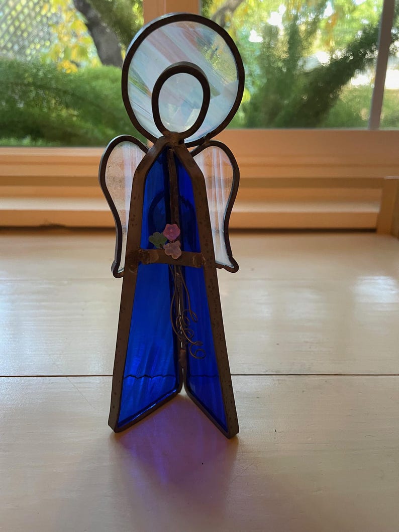 VTG 8" Leaded Stained Glass Standing Christmas Angel Facet Head Star ...