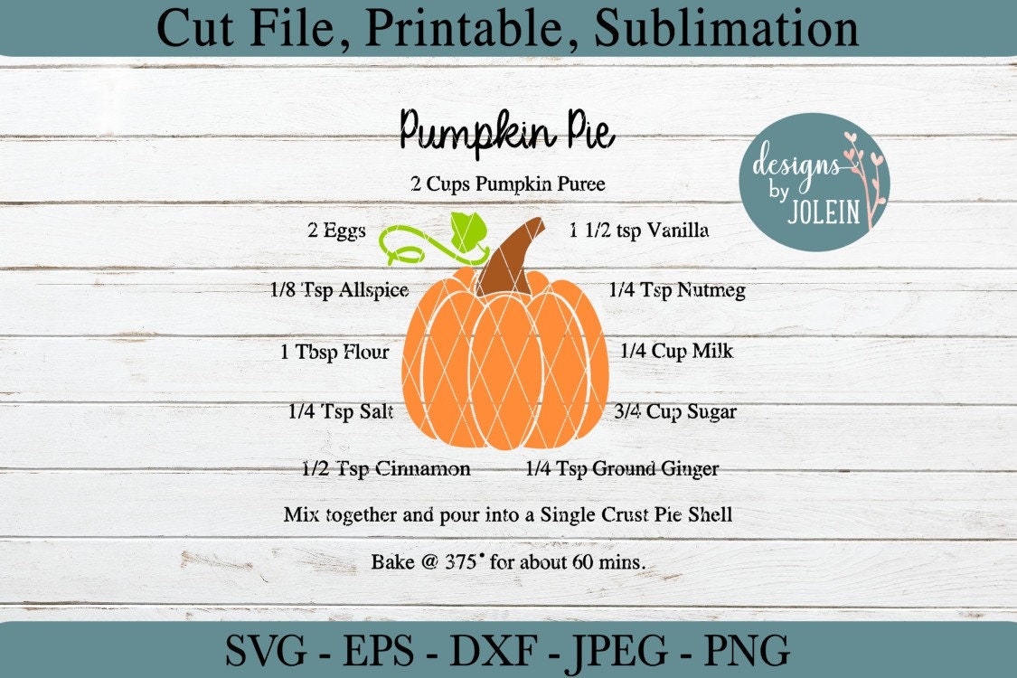 Pumpkin Pie Recipe SVG Png Eps Jpeg Dxf Sublimation | Etsy
