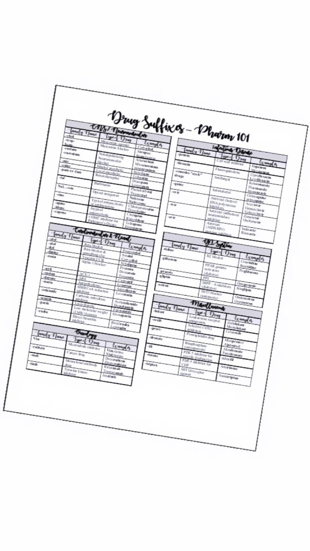 Drug Suffixes Chart - Pharmacology 101 - Etsy