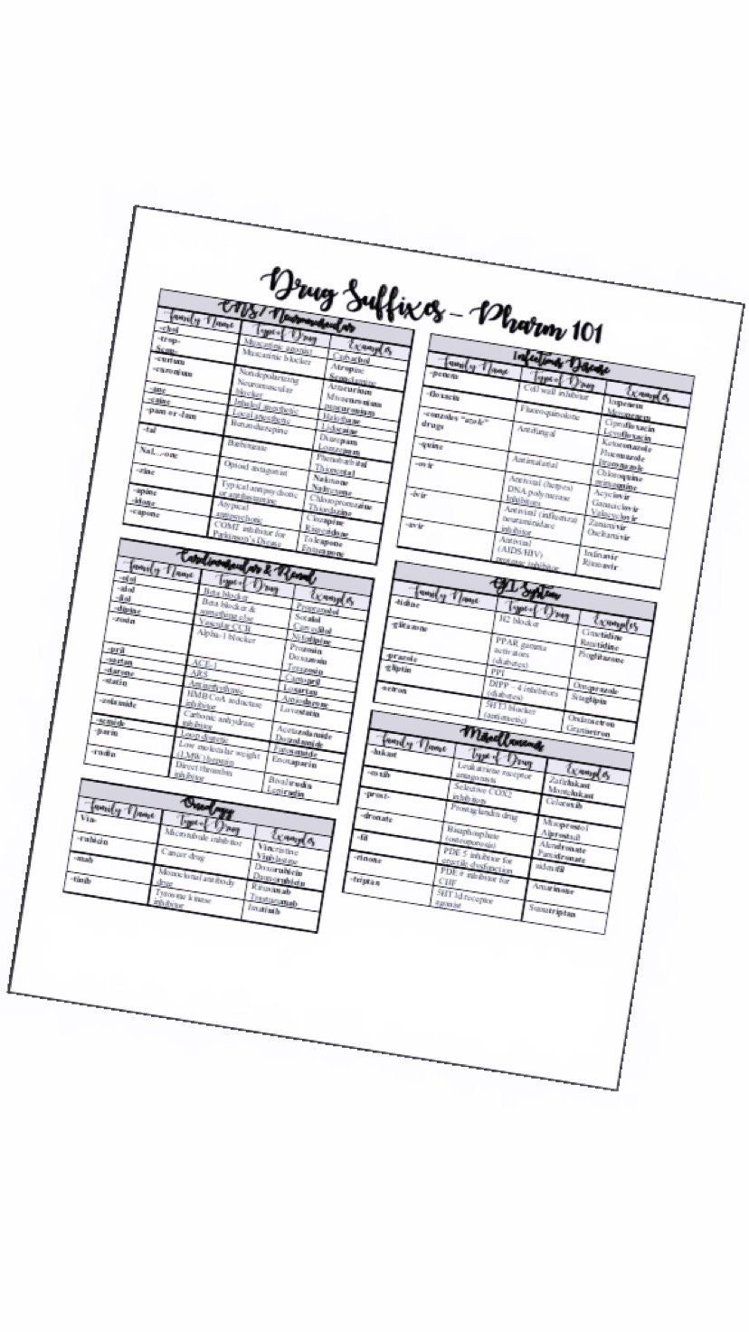 Drug Suffixes Chart - Pharmacology 101 - Etsy