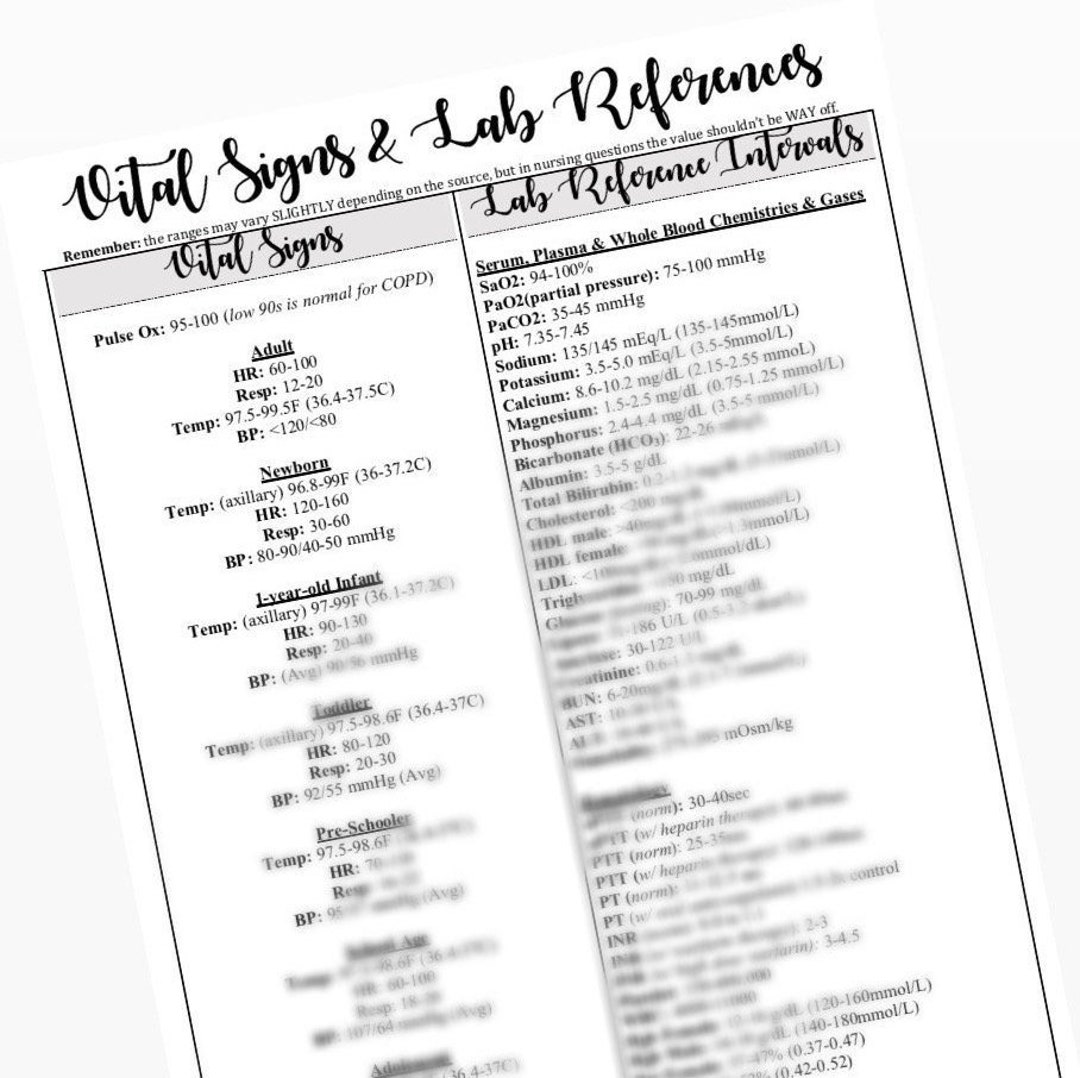 Vitals Signs & Lab References Sheet - Etsy