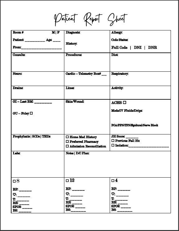 Nurse Patient Report Sheet | One Patient - Etsy