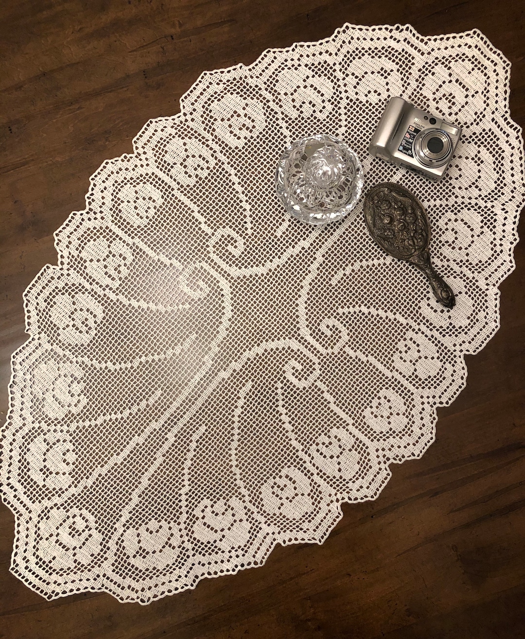 Filet Crochet Centerpiece, Coffee Table Runner, Handmade Oval Doily ...