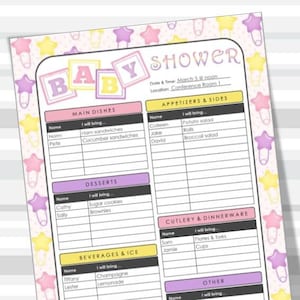 Baby Shower Printable Potluck Sign-up Sheet, 8.5x11 Fillable PDF, Pink ...