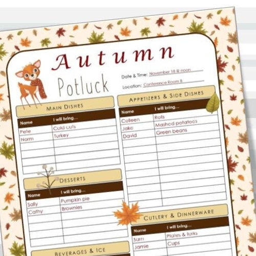 Thanksgiving Printable Potluck Sign-up Sheet 8.5x11 Fillable - Etsy
