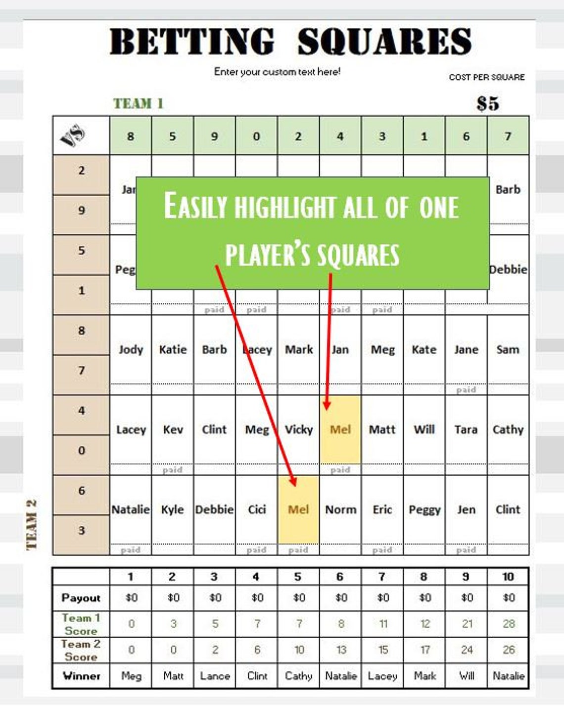 50-square Betting Squares Excel Template, Reusable, Editable, Football ...