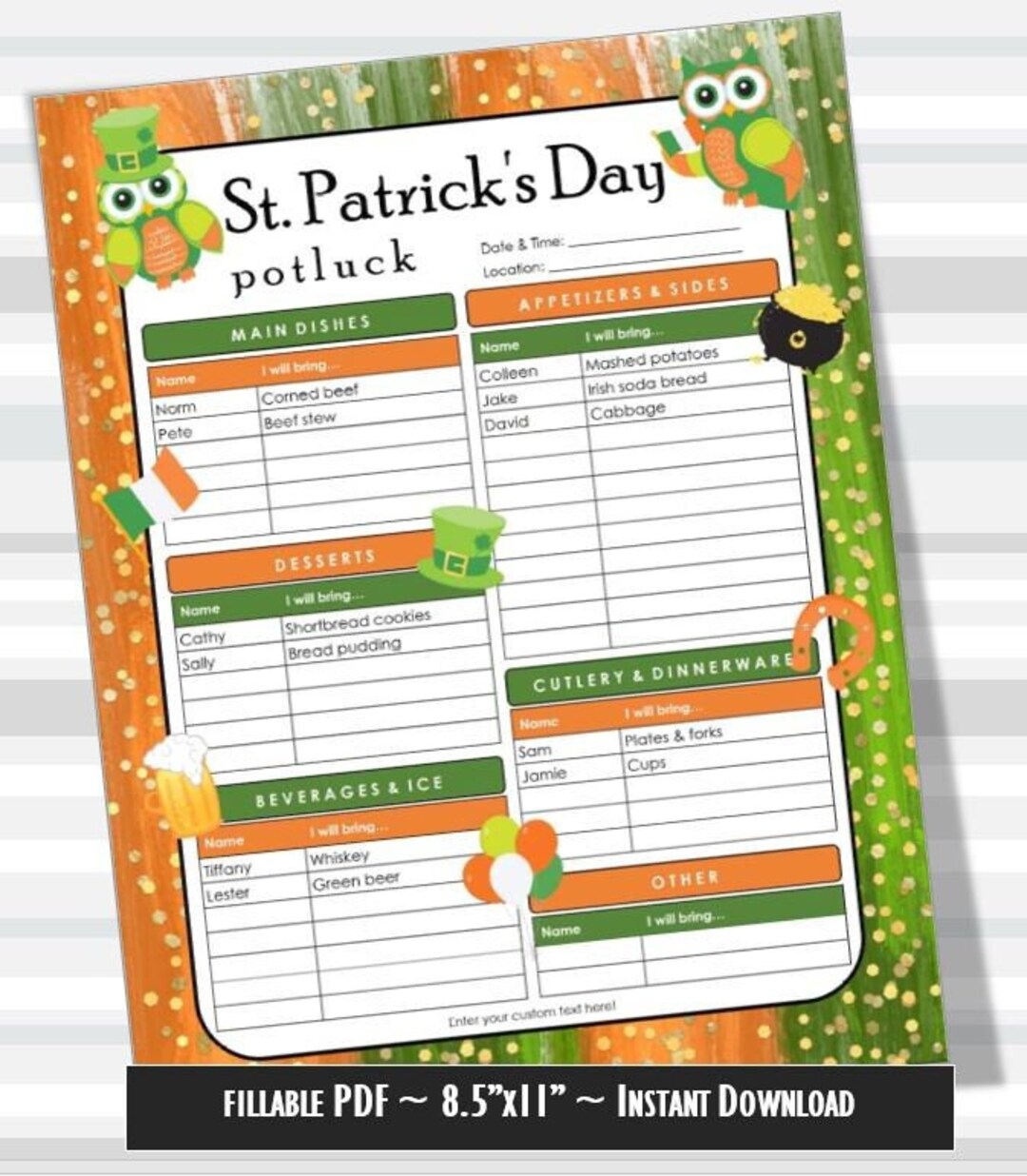 St. Patrick's Day Printable Potluck Sign-up Sheet, 8.5x11 Fillable PDF ...