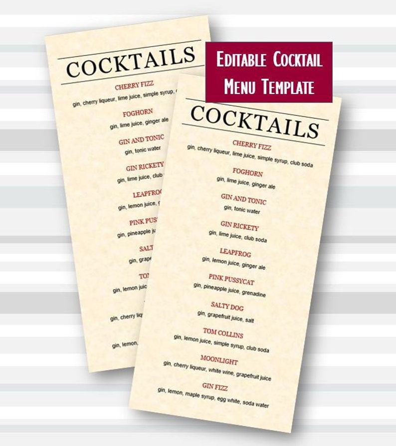 Cocktail and Happy Hour Printable Drink Menu, PDF, Perfect for ...