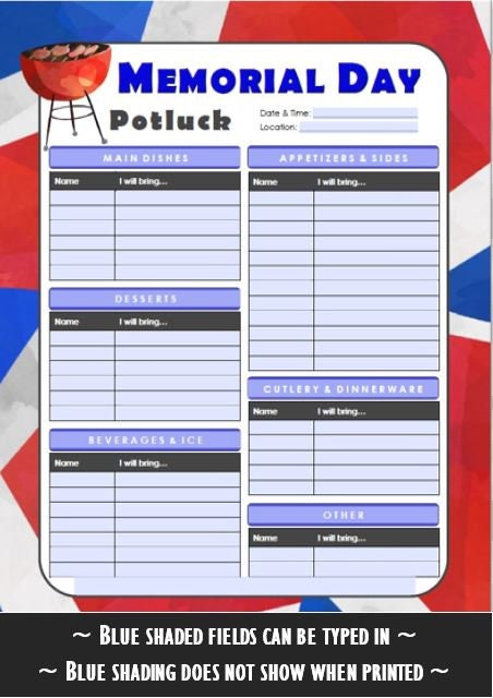 Memorial Day Printable Potluck Sign-up Sheet, BBQ, 8.5x11 Fillable PDF ...