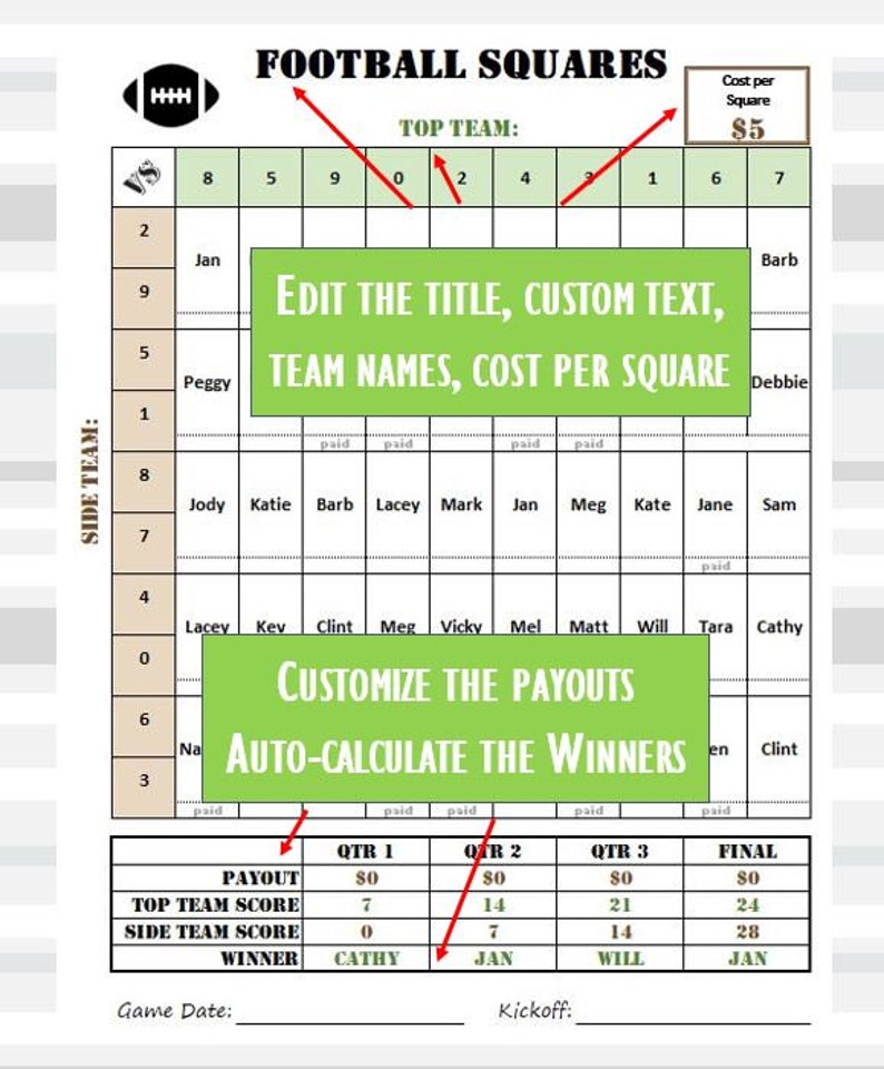 50 Square Football Squares Excel Template, Reusable, Editable, Auto ...
