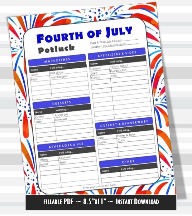 Fourth of July Printable Potluck Sign-up Sheet, 4th of July ...