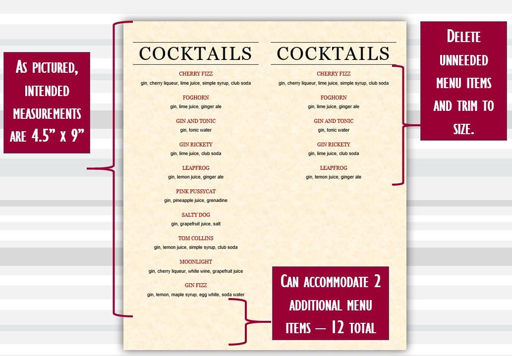 Cocktail and Happy Hour Printable Drink Menu, PDF, Perfect for ...