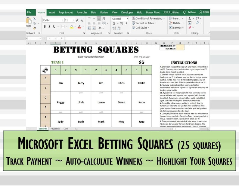 25-square Betting Squares Excel Template, Reusable, Editable, Football ...