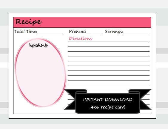 Colorful 4x6 Printable Recipe Card Template, Instant Download, Pink ...