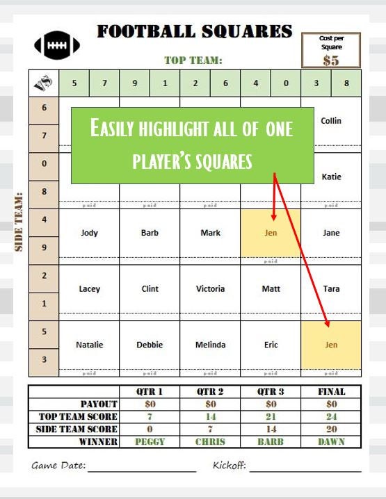 25 Square Football Squares Excel Template, Reusable, Editable, Auto ...