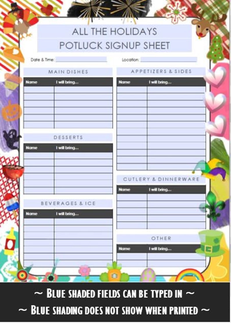 Hoja de registro de Potluck imprimible de todas las fiestas, PDF ...