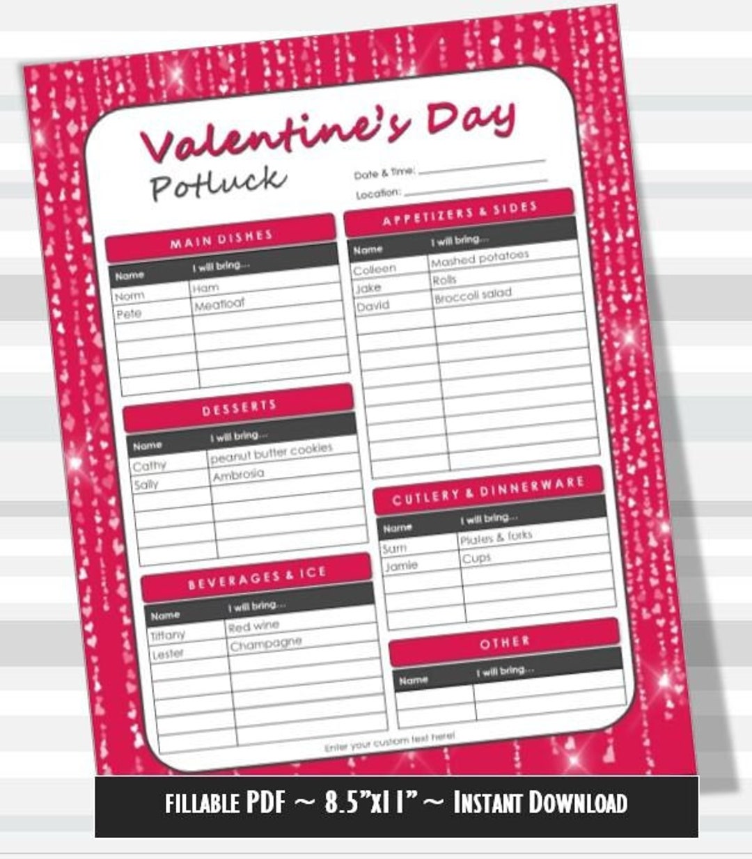 Valentine's Day Printable Potluck Sign-up Sheet, 8.5x11 Fillable PDF ...