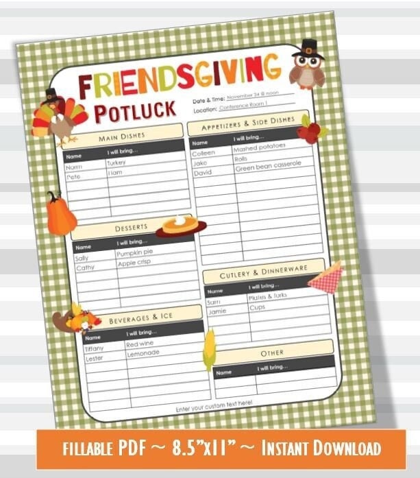 Friendsgiving Printable Potluck Sign up Sheet 8 5x11 Fillable Etsy