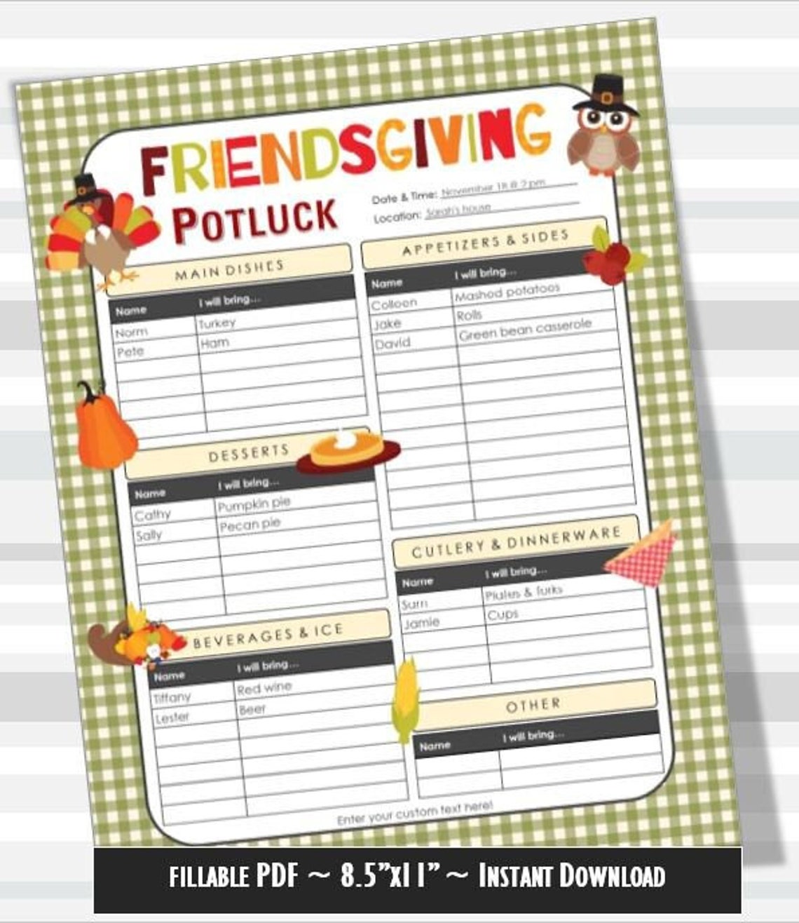 Friendsgiving Printable Potluck Sign-up Sheet, 8.5x11 Fillable PDF ...