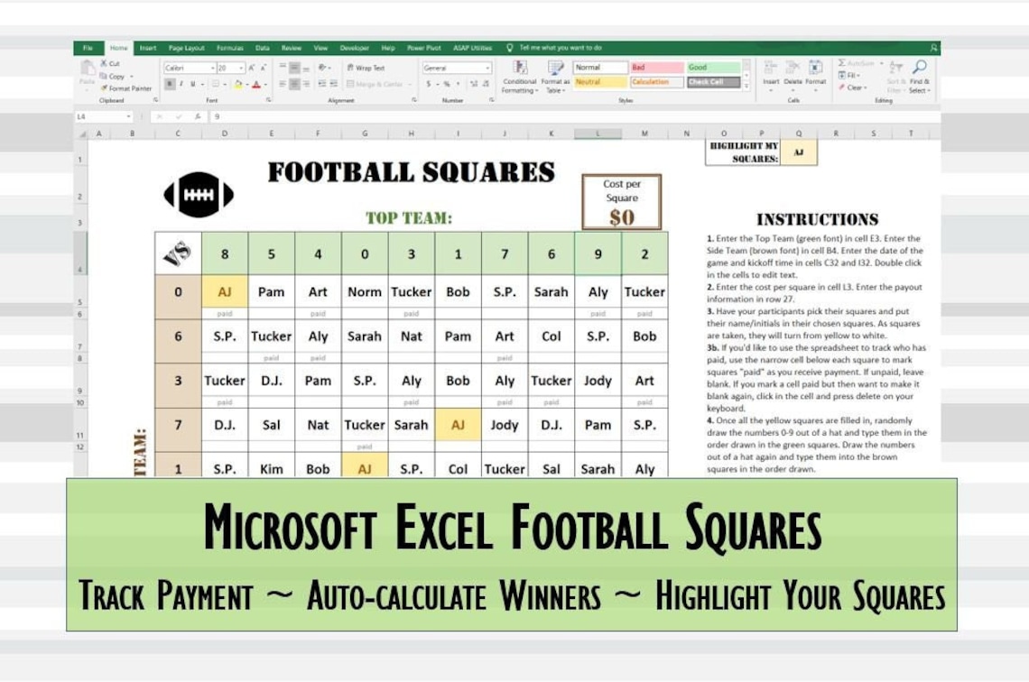 Football Squares Excel Template Reusable Editable - Etsy