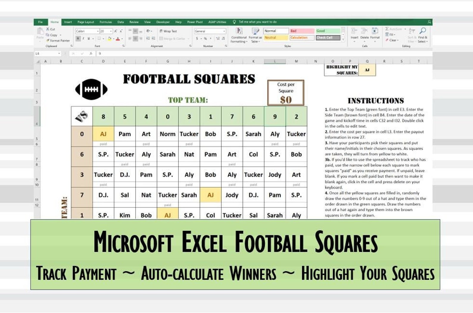 Football Squares Excel Template Reusable Editable - Etsy