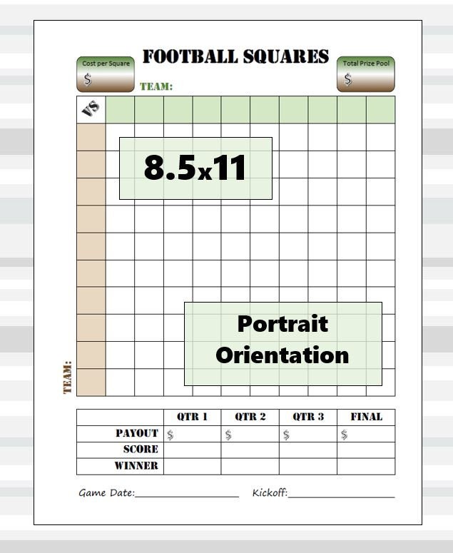 8.5"x11" and 11"x17" Football Squares Printable Template, Office Pool ...
