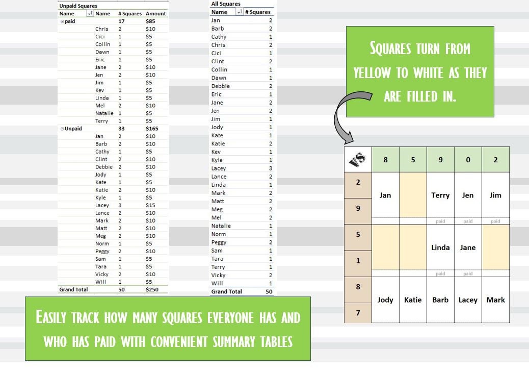 50 Square Football Squares Excel Template, Reusable, Editable, Auto ...