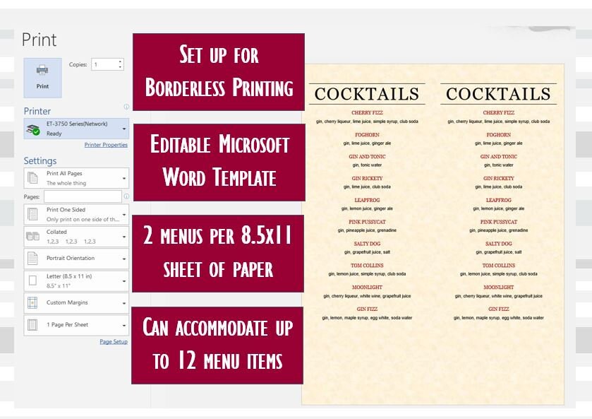 Cocktail and Happy Hour Printable Drink Menu, PDF, Perfect for ...