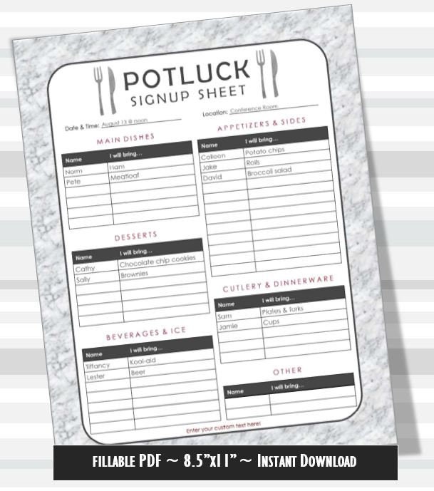 Printable Potluck Sign-up Sheet, Fork & Knife, 8.5x11 Fillable PDF ...